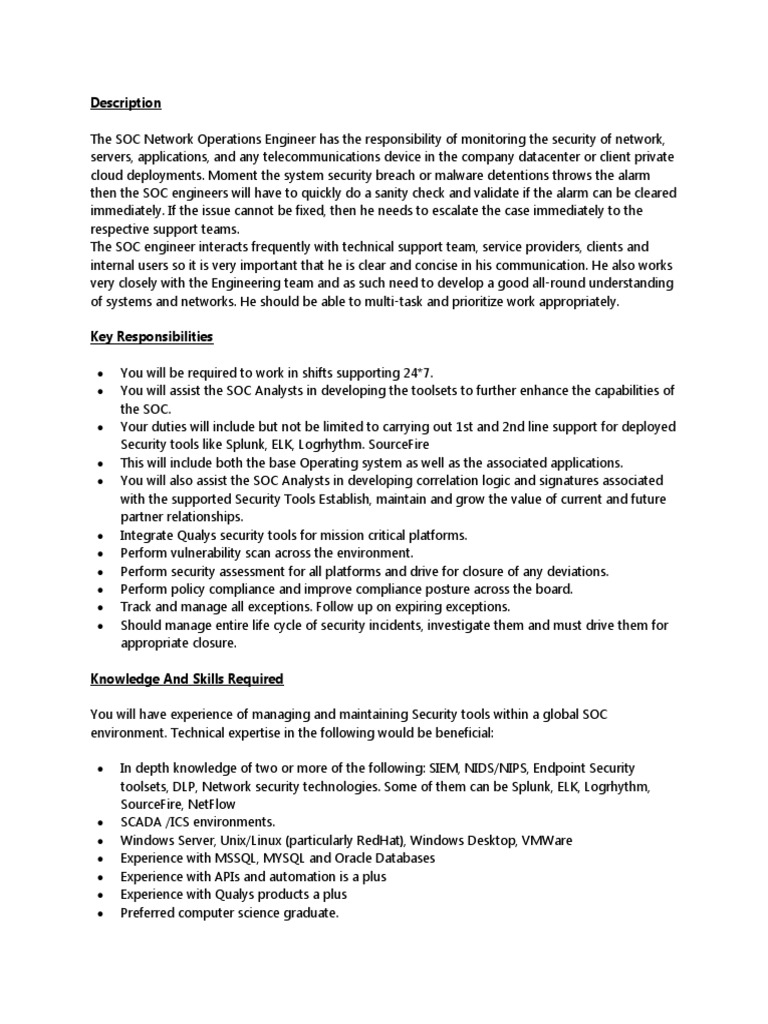 JD SOC Engineer | PDF | Computer Security | Security