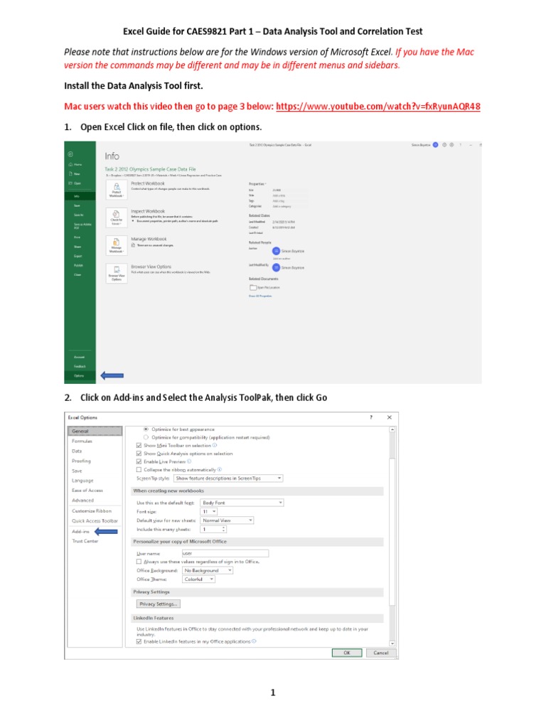 Excel Guide For CAES9821 Part 1 - Data Analysis Tool and Correlation | PDF | Microsoft Excel ...