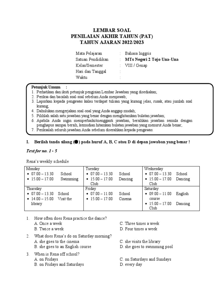 SOAL PAT BAHASA INGGRIS KELAS 8 2023 | PDF