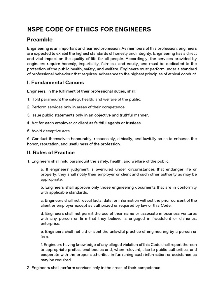 Nspe Code of Ethics for Engineers-handout | PDF | Engineer | Informed ...