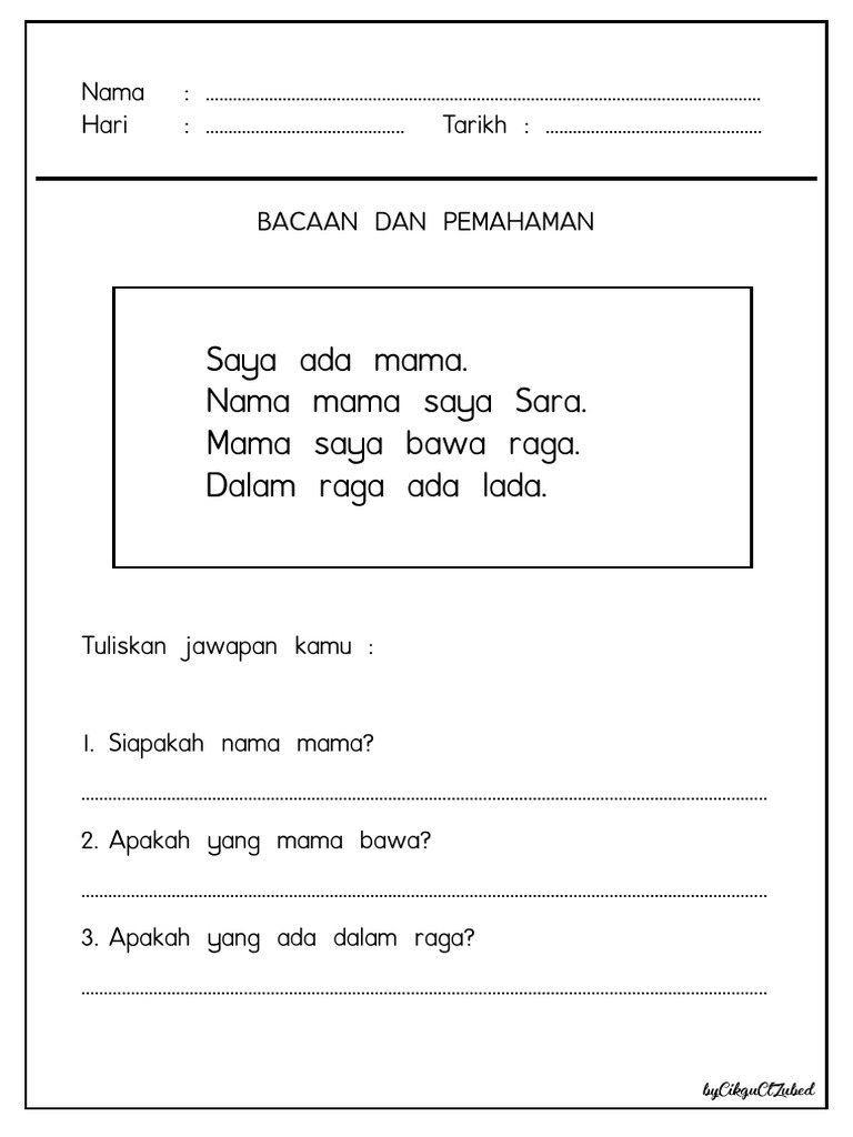 Lembaran Kerja Bacaan Dan Pemahaman | PDF