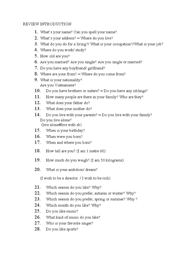 Introduction Question List | PDF