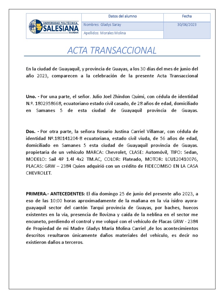 Acta Transaccional Extrajudicial Ecuador | PDF | Ecuador