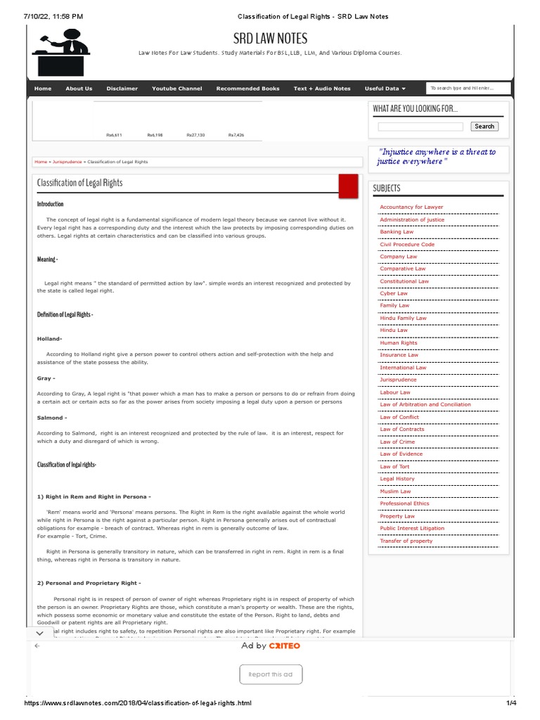 Classification of Legal Rights - SRD Law Notes | PDF | Equity (Law ...