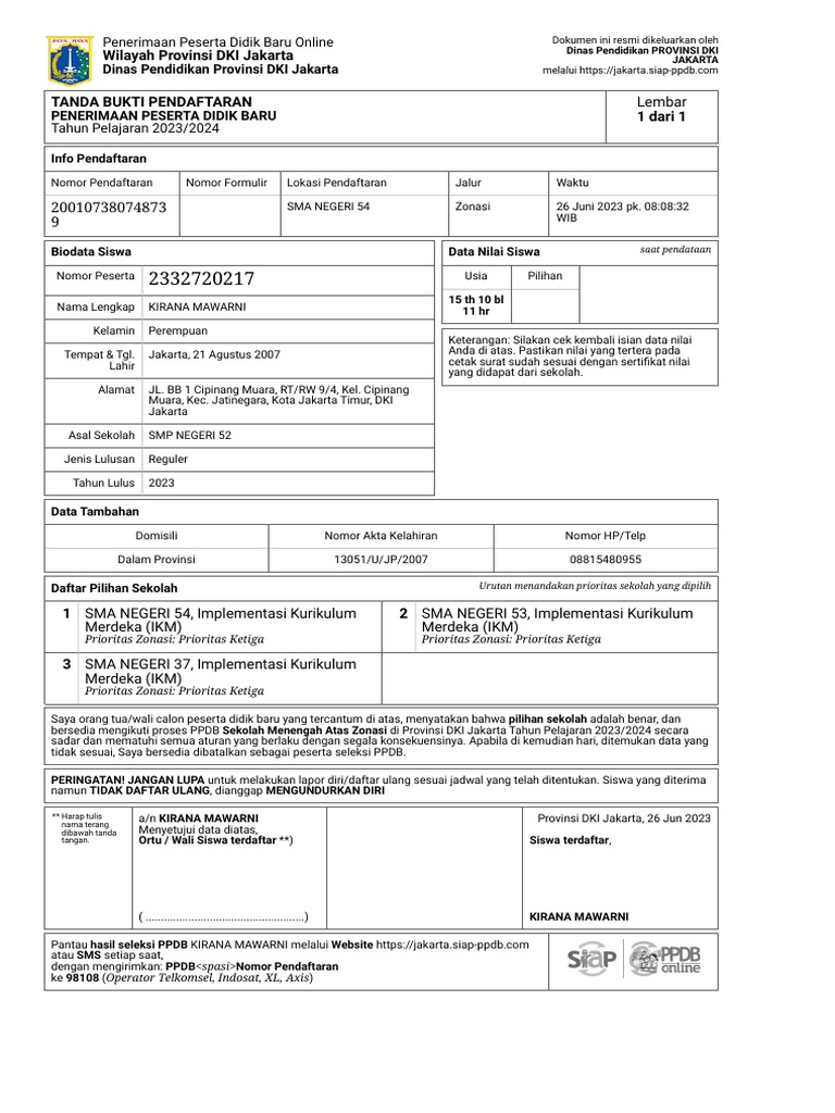 Tanda Bukti Pendaftaran - 2332720217 - KIRANA MAWARNI | PDF