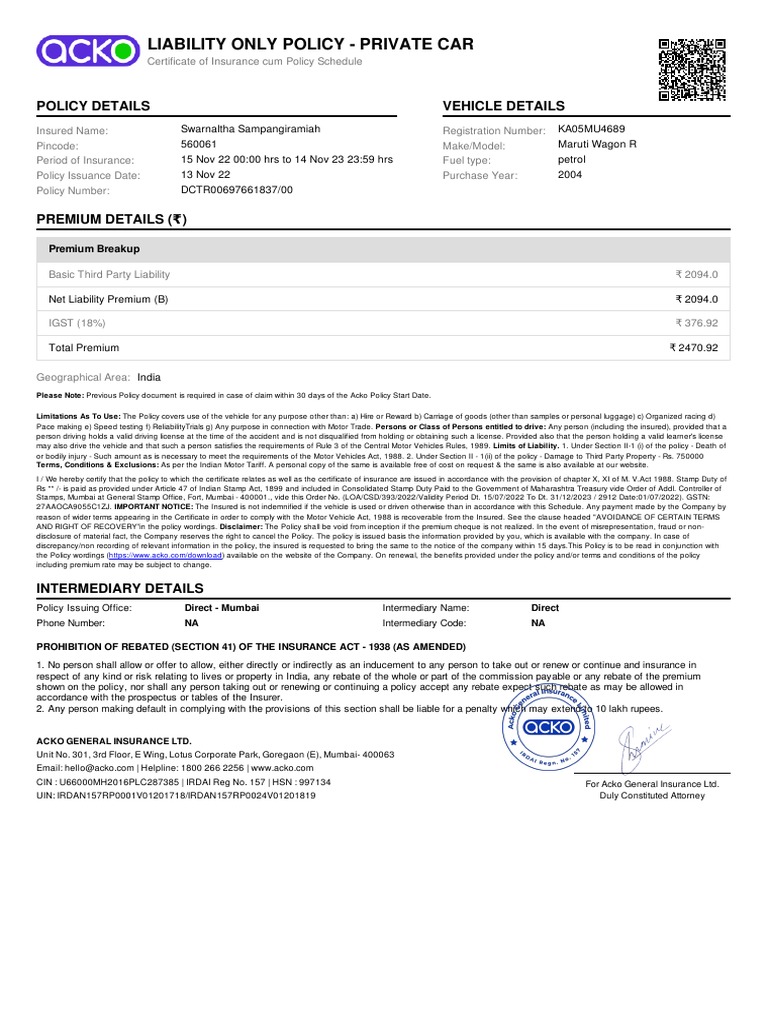 Acko Car Policy - DCTR00697661837 - 00 | PDF | Insurance | Liability ...