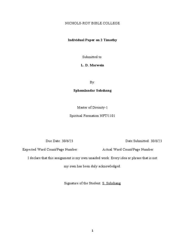 Individual Paper On 2 Timothy | PDF | Paul The Apostle | Saint Timothy