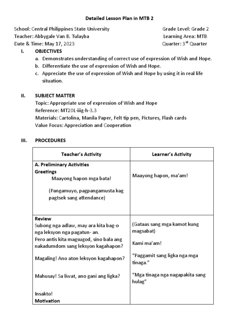Detailed Lesson Plan in MTB 2 | PDF