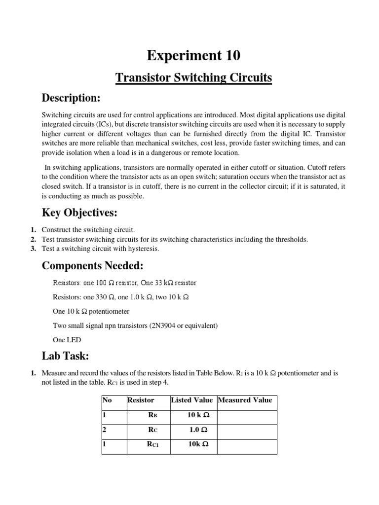 Lab 10 Transistor Switching Circuits | PDF | Transistor | Electronic Circuits