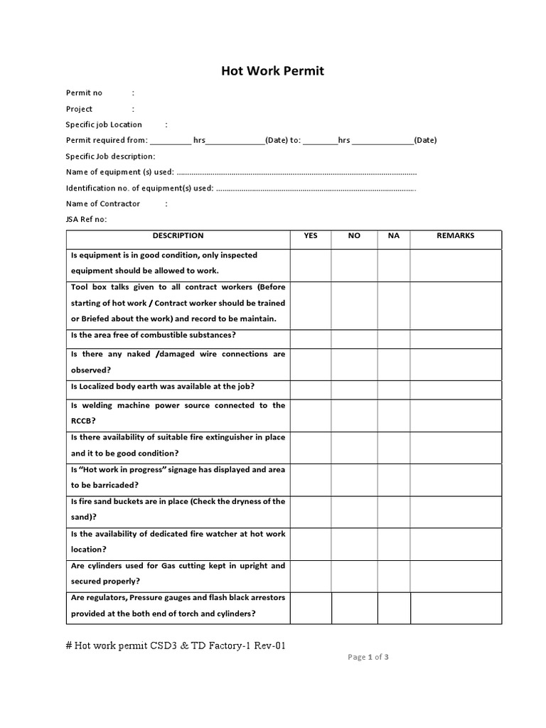 HSE Hot Work Permit | Download Free PDF | Welding | Construction