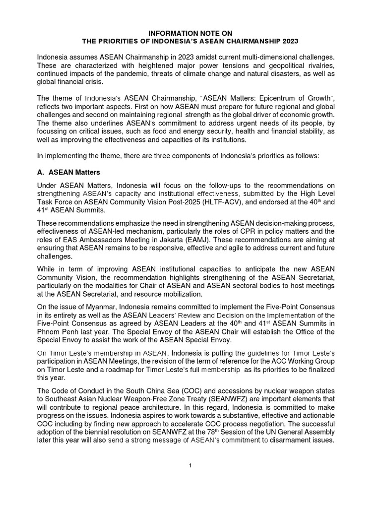 Information Note On Indonesias Asean Chairmanship Priorities As Of 3