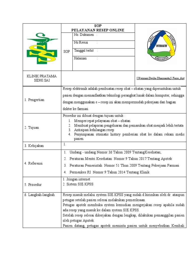 SOP Pelayanan Resep Elektronik Klinik | PDF