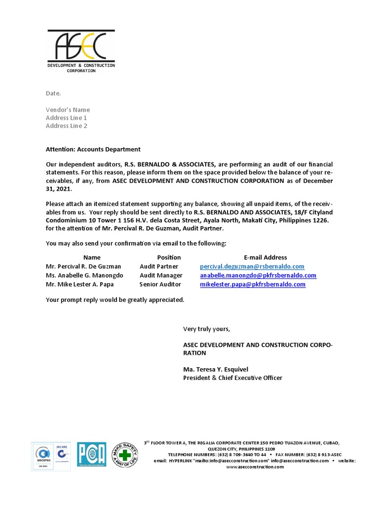 Payable Confirmation Letter | Download Free PDF | Business Economics ...