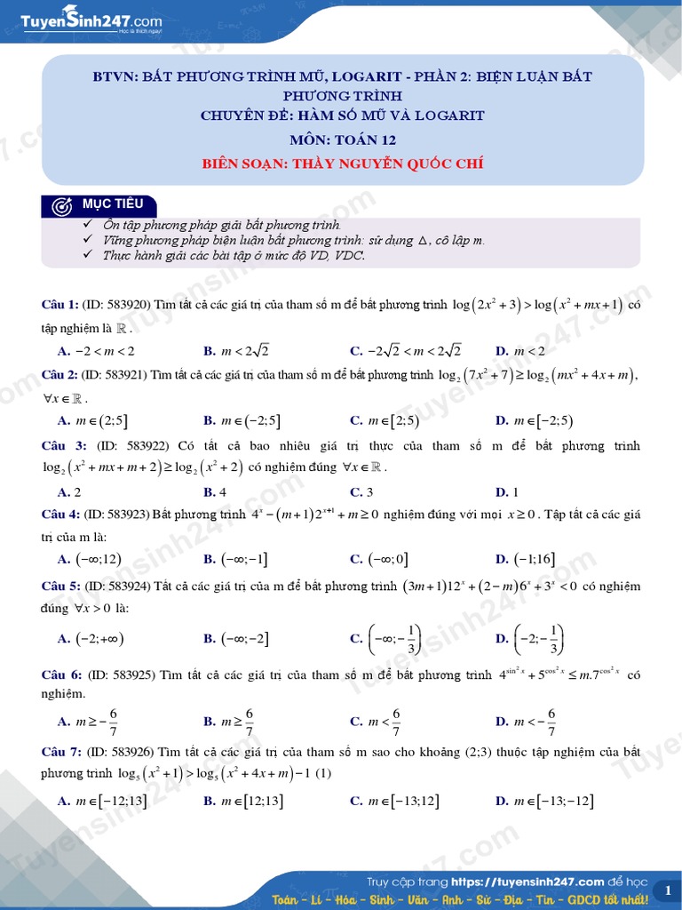 De Thi BTVN Bat Phuong Trinh Mu Logarit Phan 2 Bien Luan Bat Phuong Trinh 1673854665 | PDF