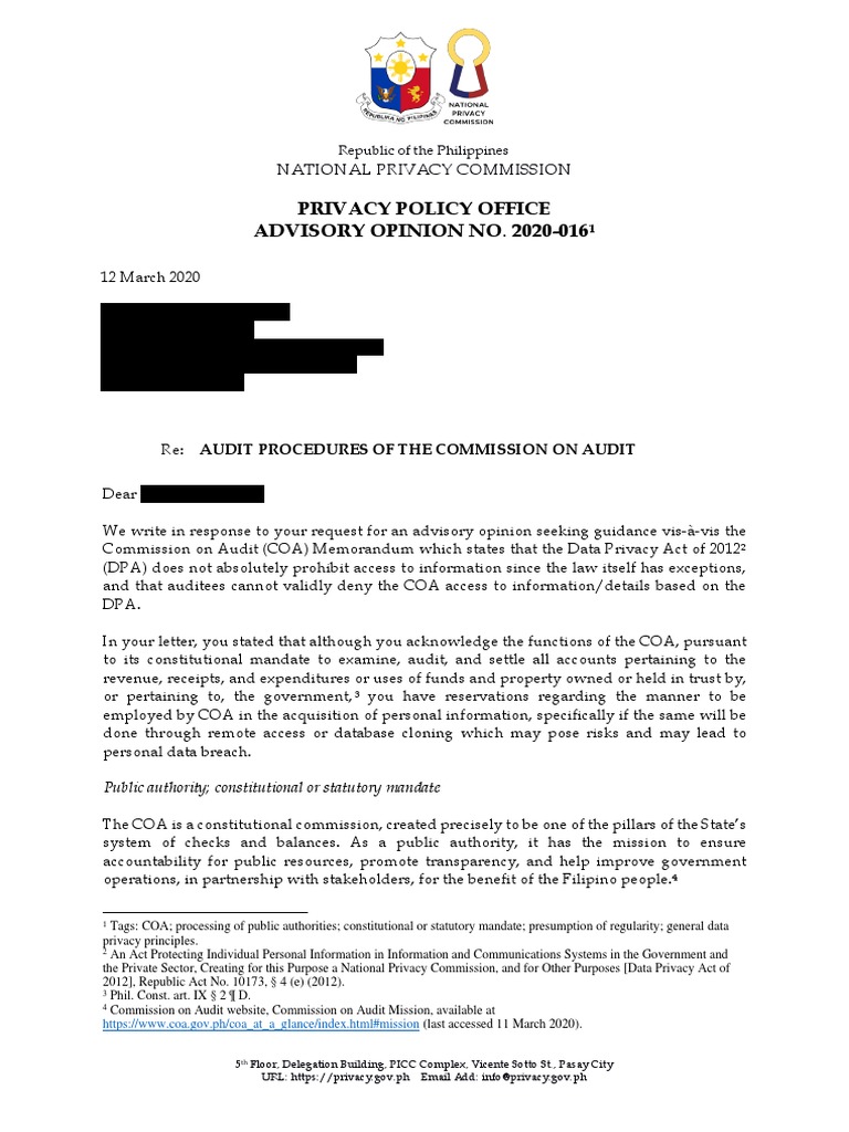Redacted Advisory Opinion No. 2020 016 | PDF | Privacy | Audit
