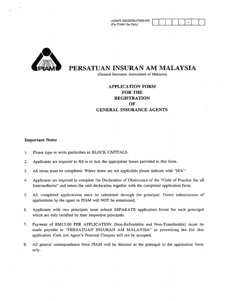 PIAM Application Form For The Registration of Gen. Ins. Agents | PDF