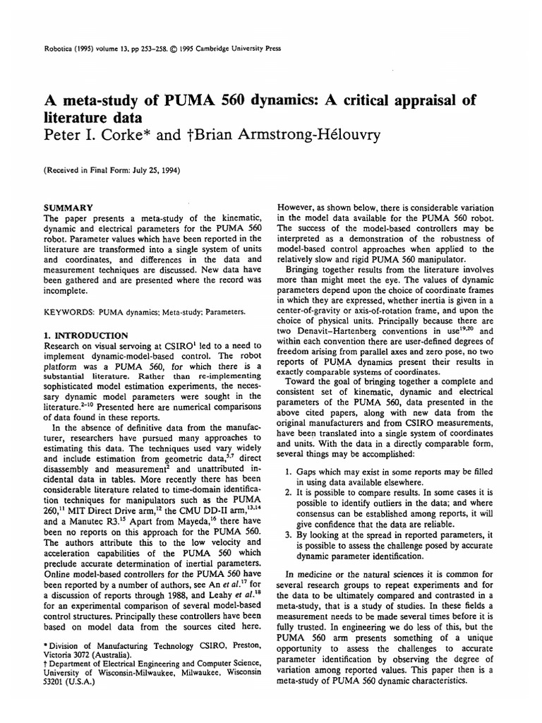 A Meta Study of PUMA 560 Dynamics A Crit | PDF | Electric Motor | Variance