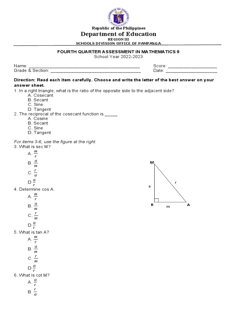 Fourth Quarter Assessment in Mathematics 9 | PDF | Trigonometric Functions | Elementary Mathematics