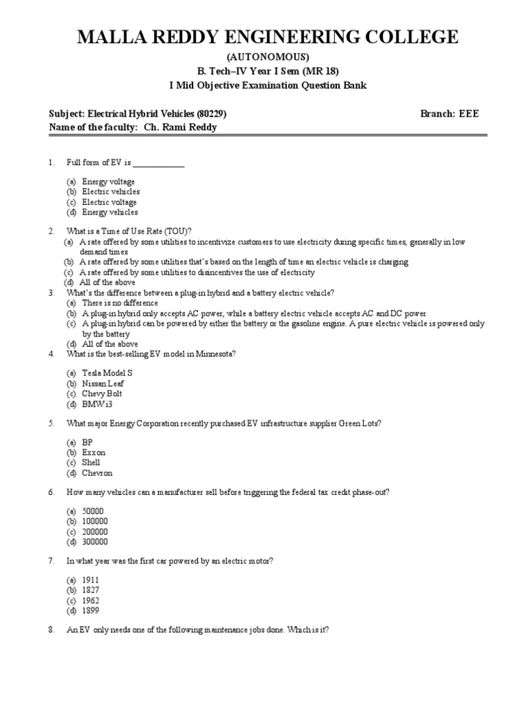 Electrical Hybrid Vehicles Exam Questions | PDF | Hybrid Electric ...