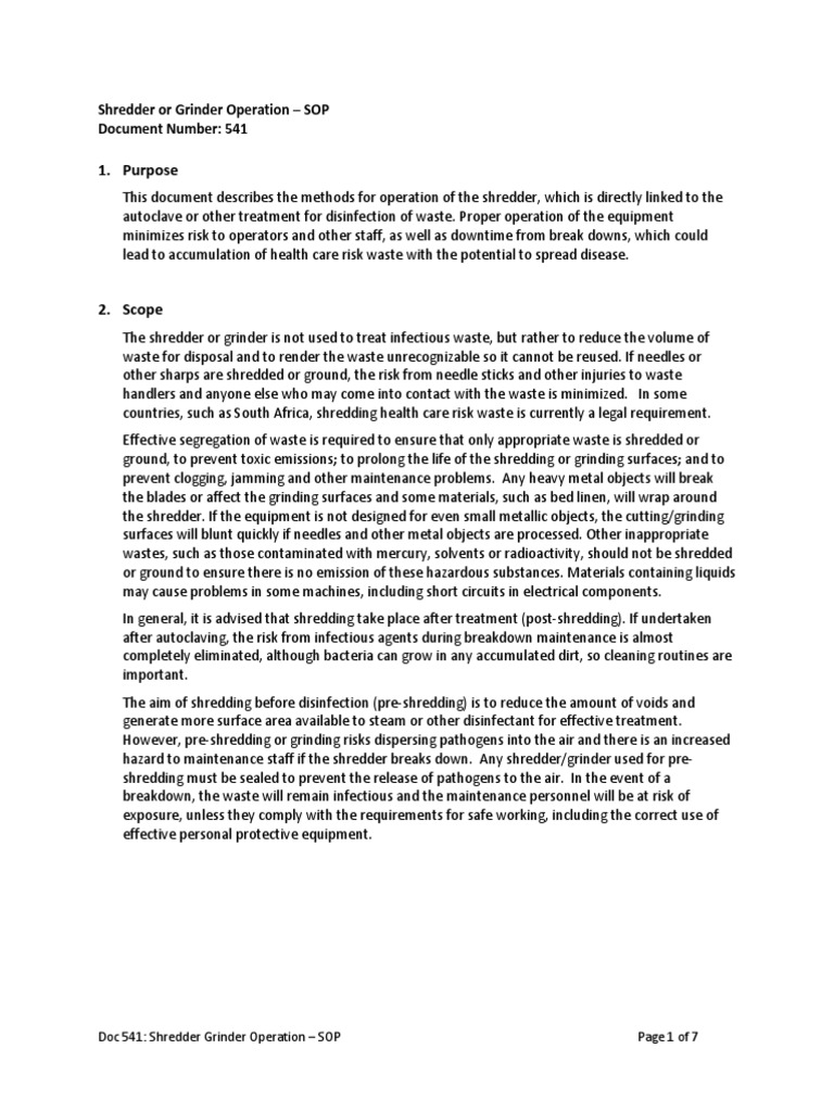 Shredder Grinder SOP for Operators | PDF | Waste | Grinding (Abrasive ...