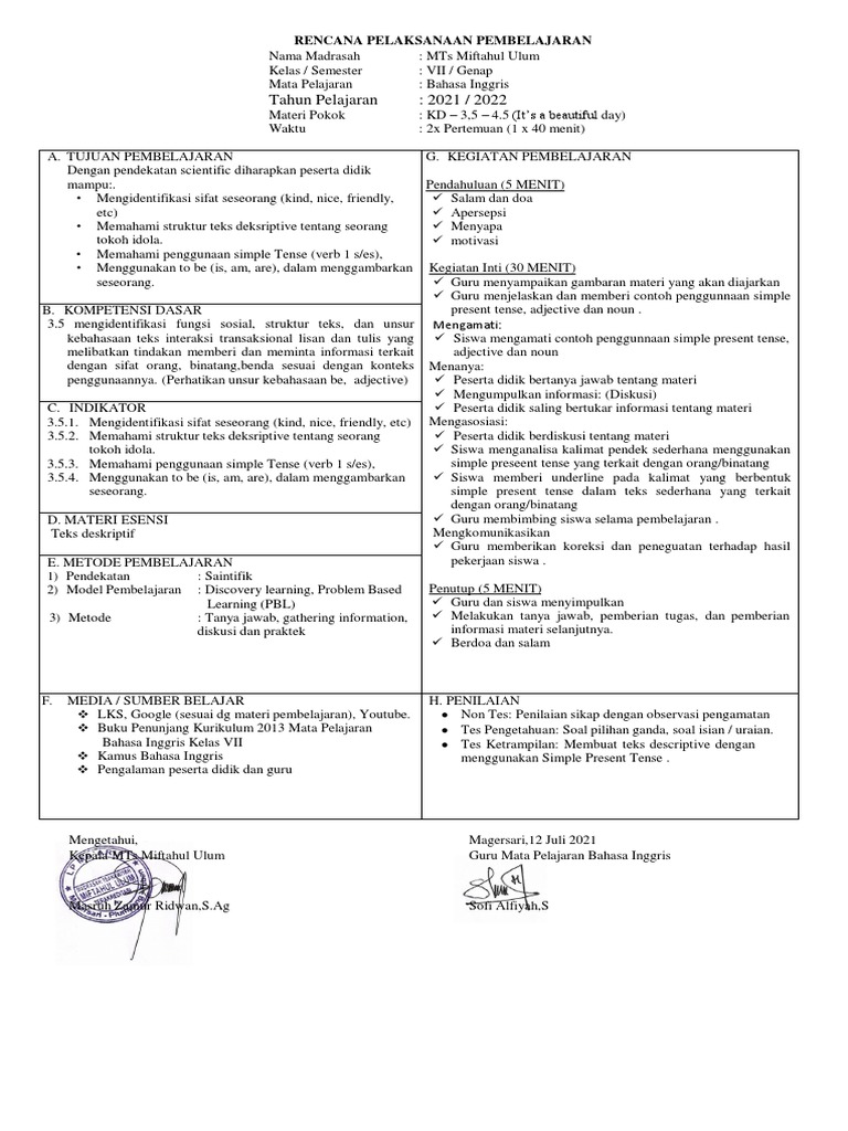 RPP Bahasa Inggris Kelas 7 Genap TP.2021-2022 | PDF | Karier & Perkembangan | Sains & Matematika