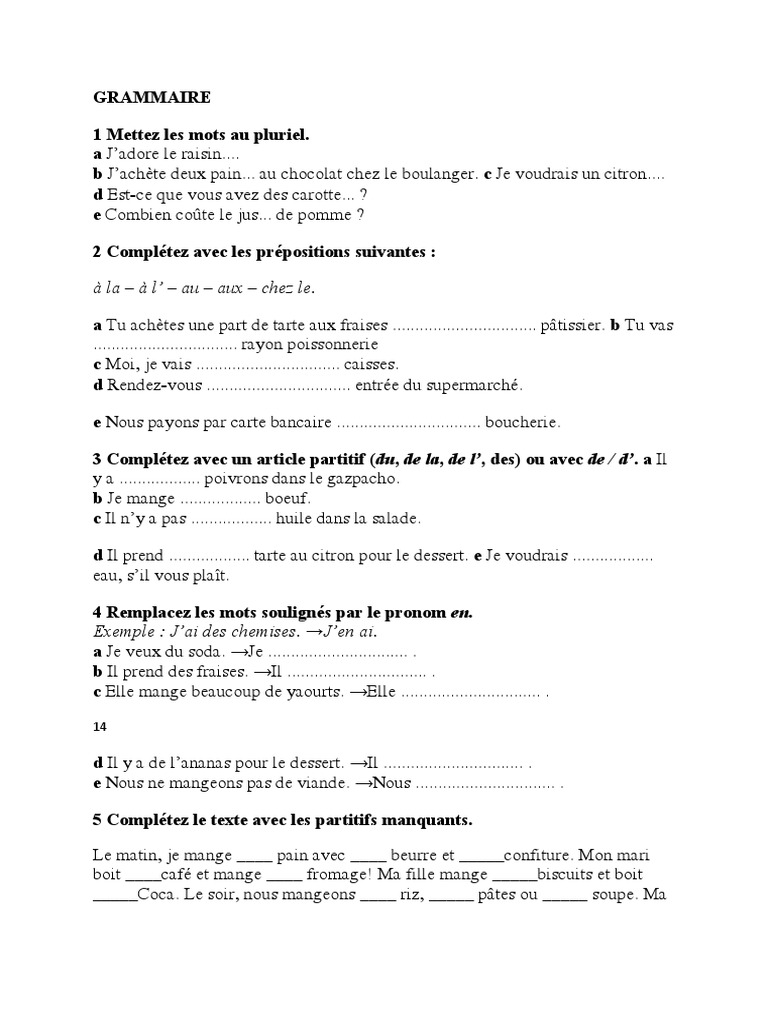 Exercices sur l'article partitif | PDF | Préparation de nourriture et ...