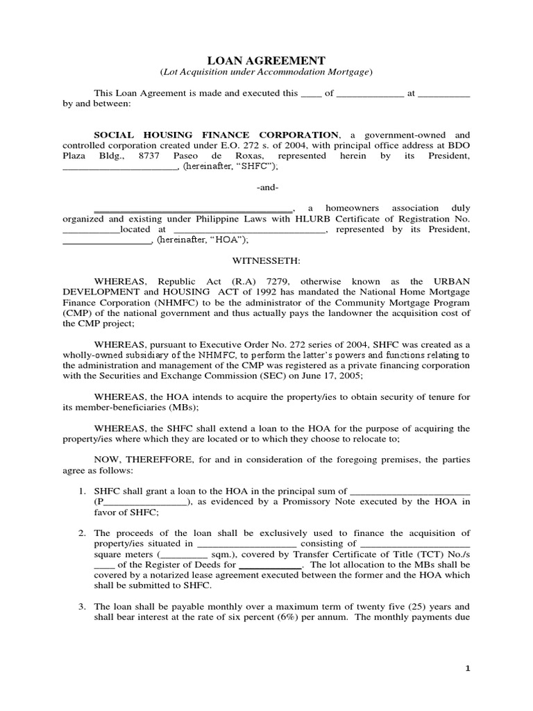 Lot Acquisition Loan Agreement Under Accommodation Mortgage | PDF ...