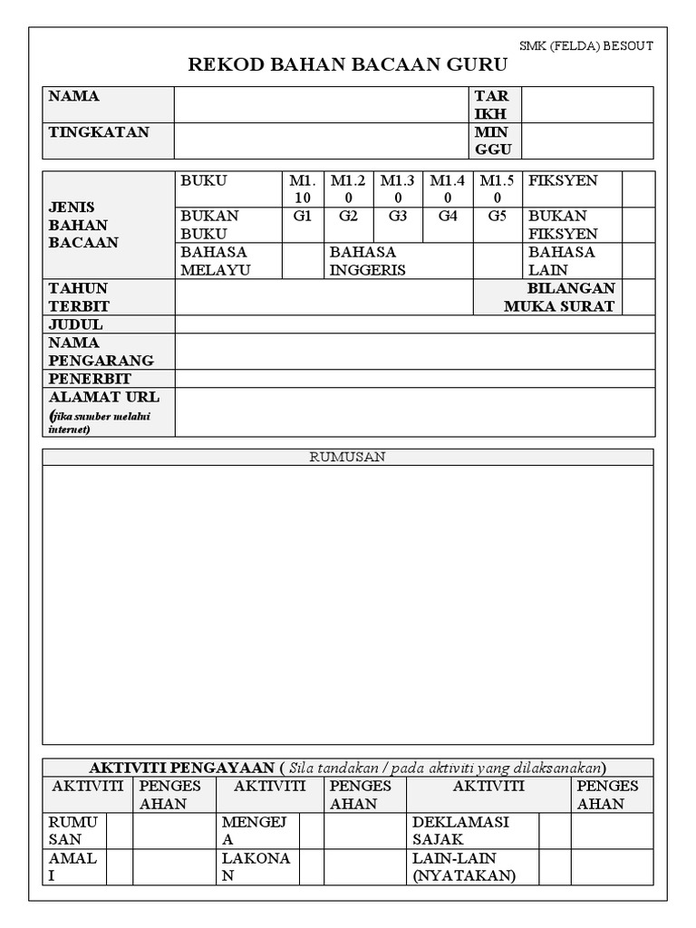 2022 - Kertas Rekod Bahan Bacaan Guru | PDF