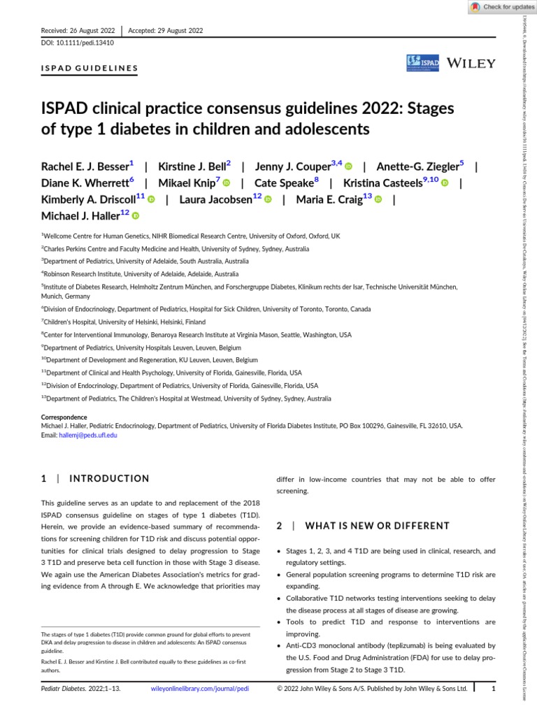 ISPAD 2022 Guidelines: Type 1 Diabetes Stages | PDF | Glycated ...