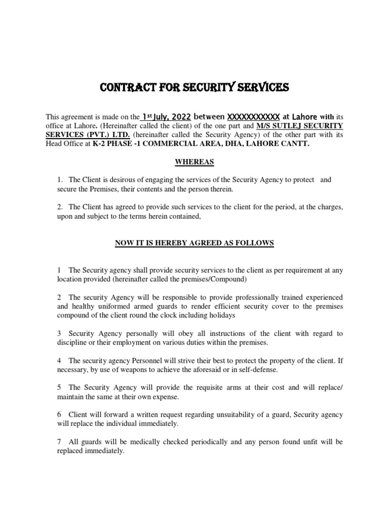Security Services Agreement (Sutlej Security) | PDF | Taxes | Employment