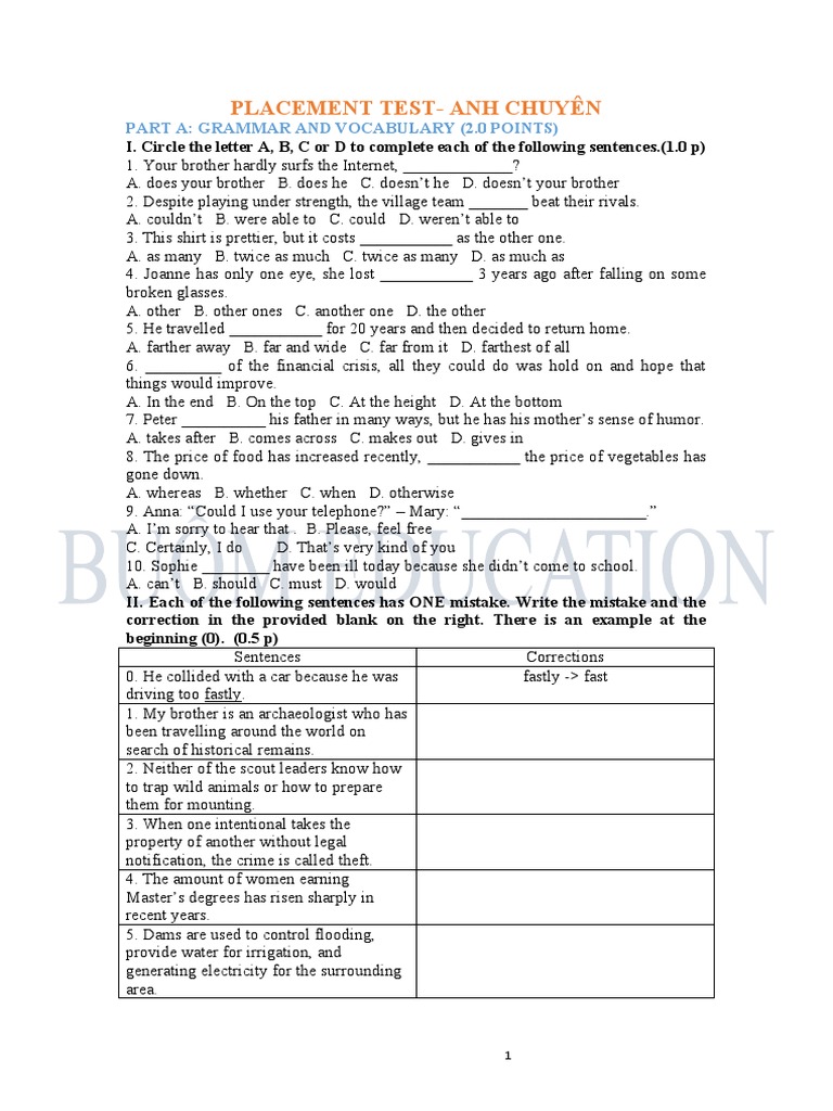 Placement Test - Anh Chuyên | PDF | Movie Theater | Greek Alphabet