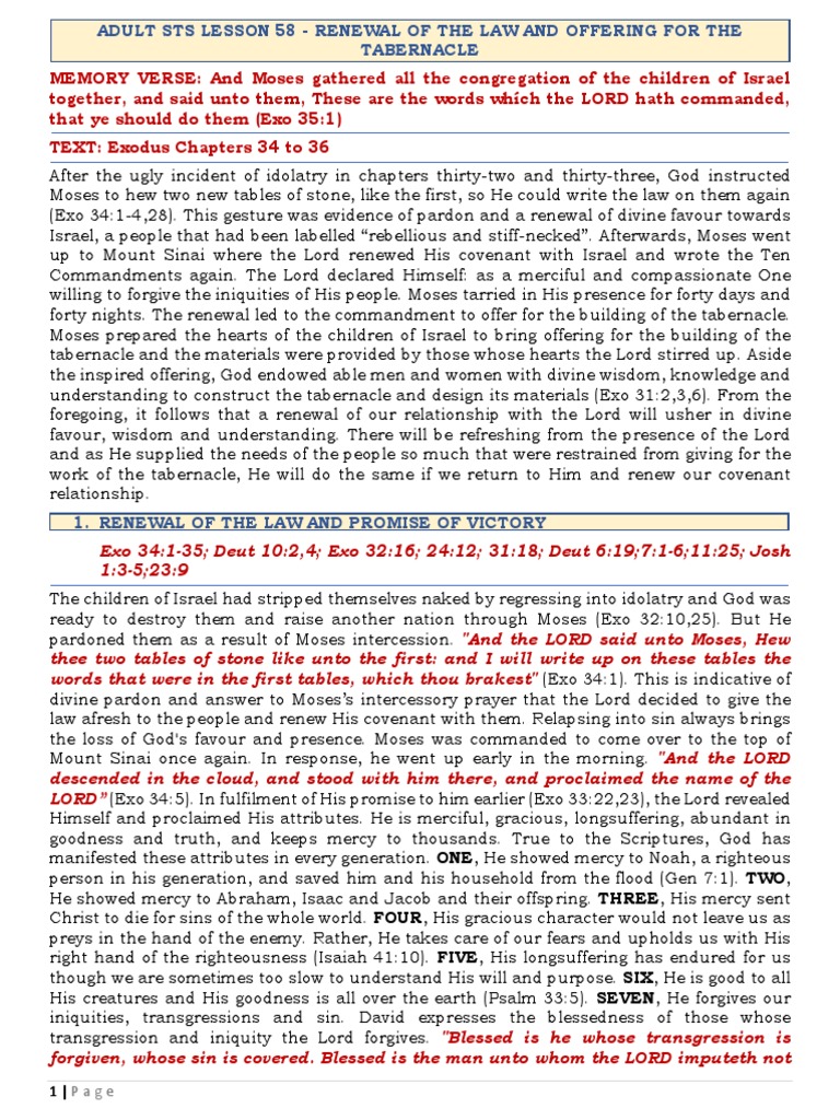 Adult STS Lesson 58 Renewal of The Law and Offering For The Tabernacle | PDF | Ten Commandments ...