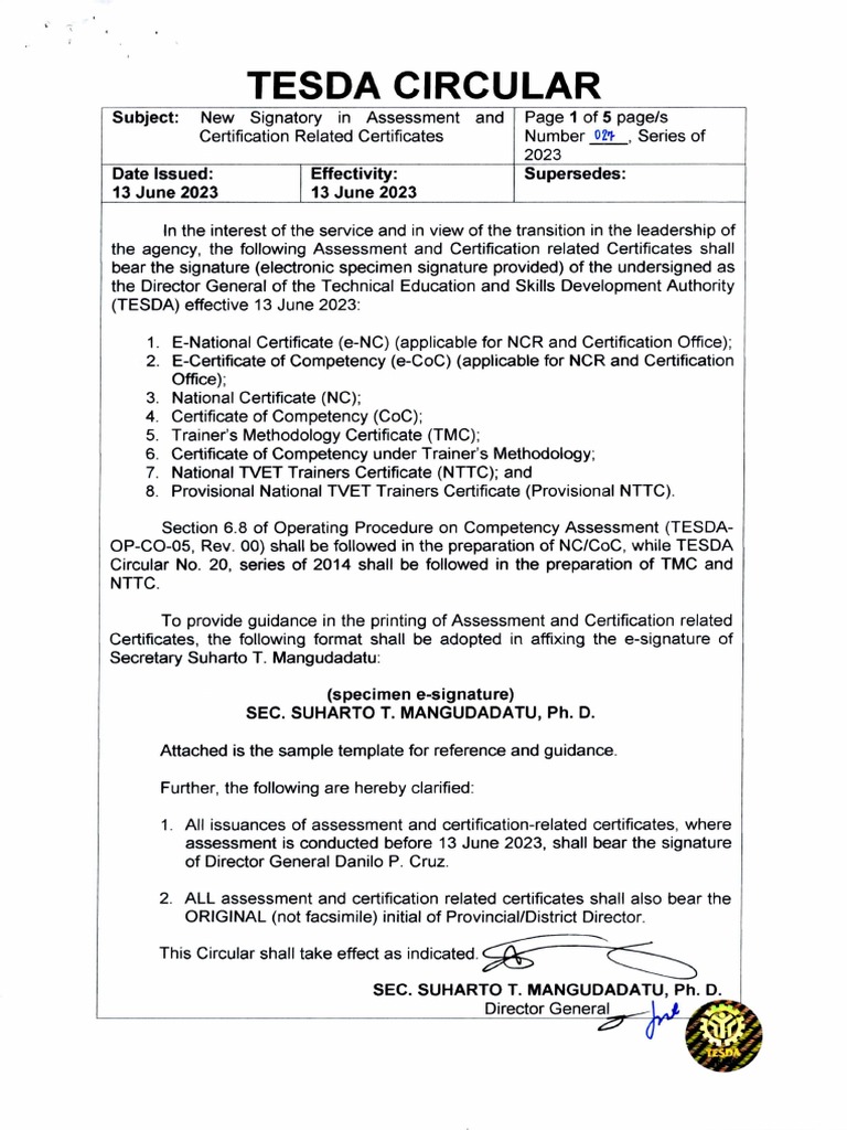 TESDA Circular on Certificate Signatures | PDF | Vocational Education ...