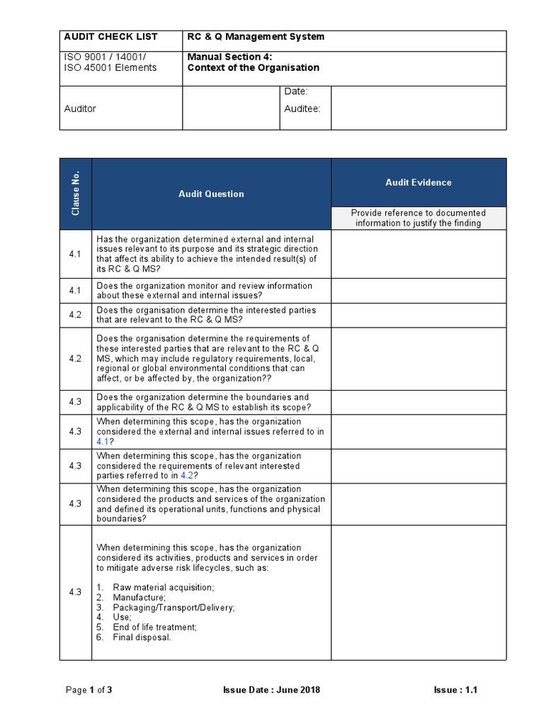 ISO 9001/14001/45001 Audit Checklist | PDF | Audit | Iso 9000