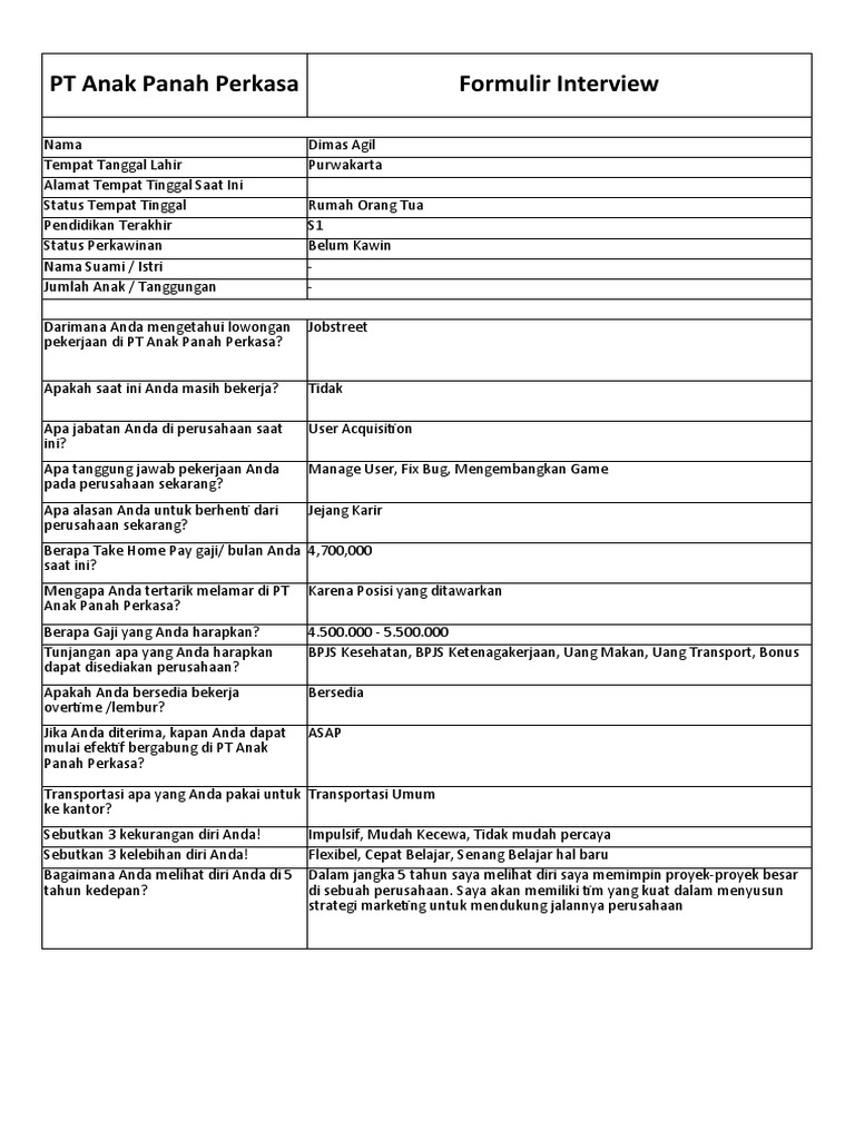 Formulir Interview Dimas Agil di PT Anak Panah Perkasa | PDF