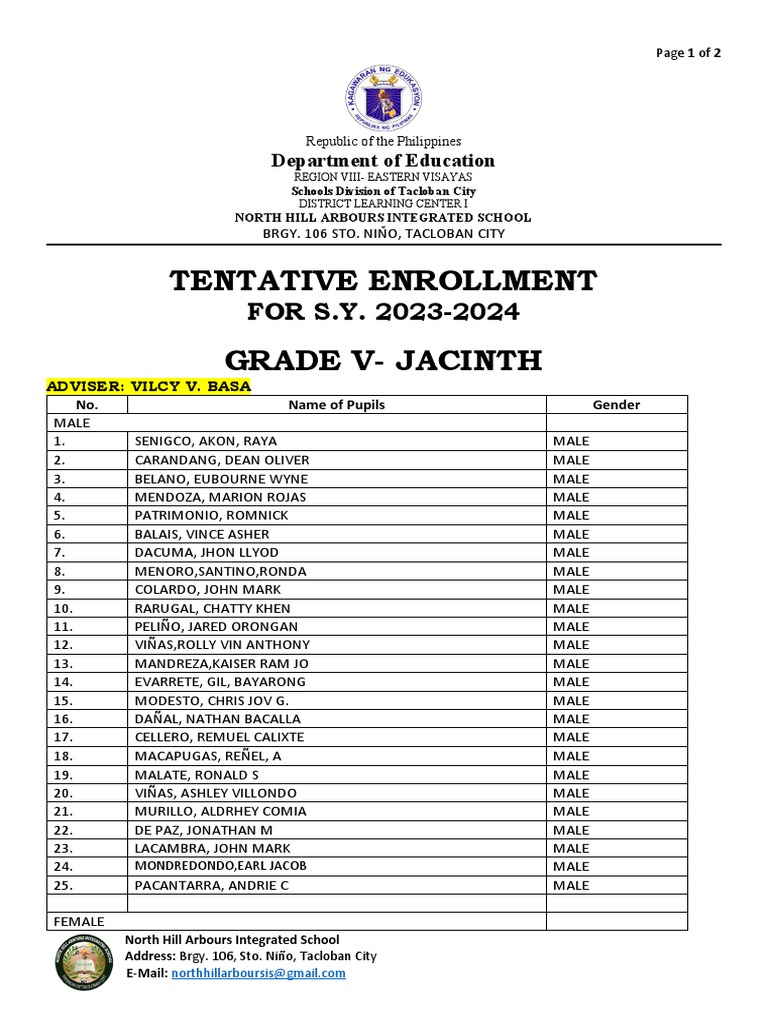 Tentative Enrolment Format Sy 2023 2024 | PDF