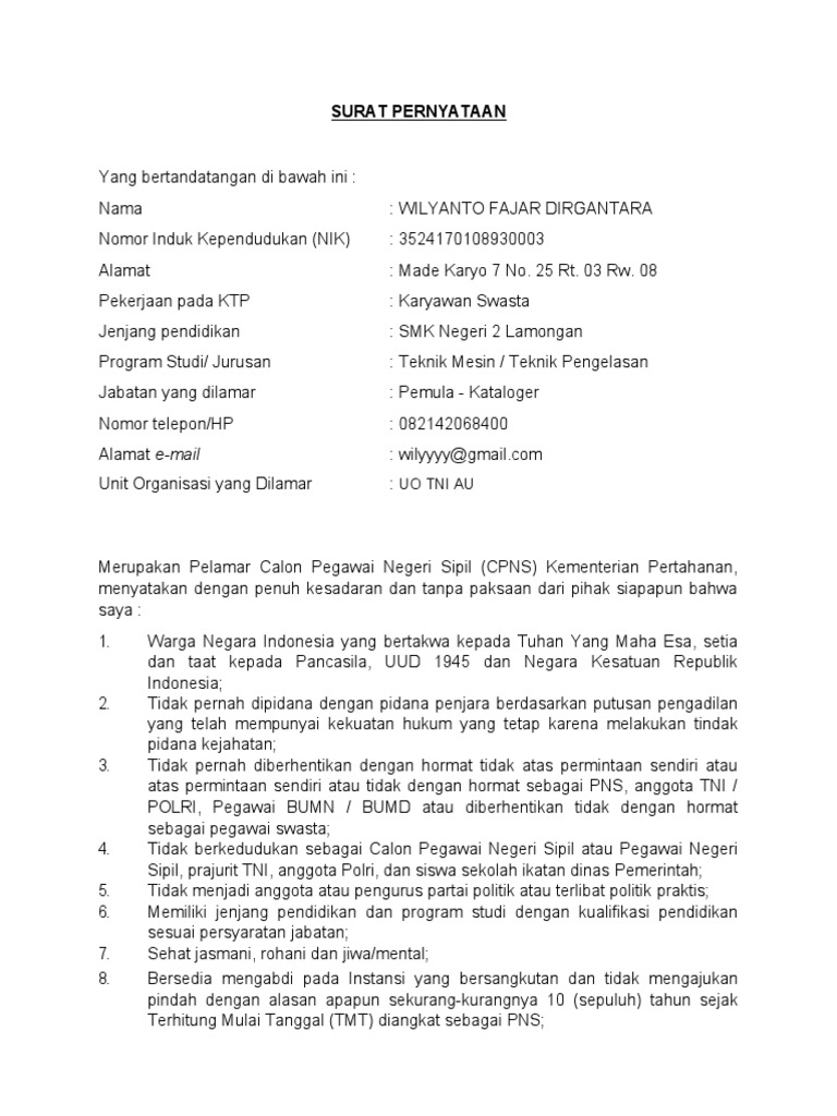 Surat Pernyataan Kemhan | PDF