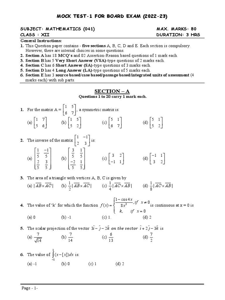 Xii Mock Test 1 Pdf Maxima And Minima Equations
