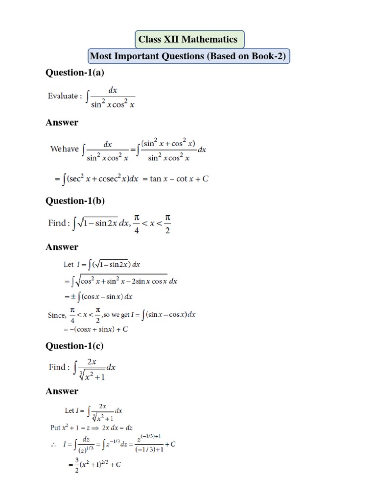 Class XII Mathematics Important Questions Based on Book-2 | PDF