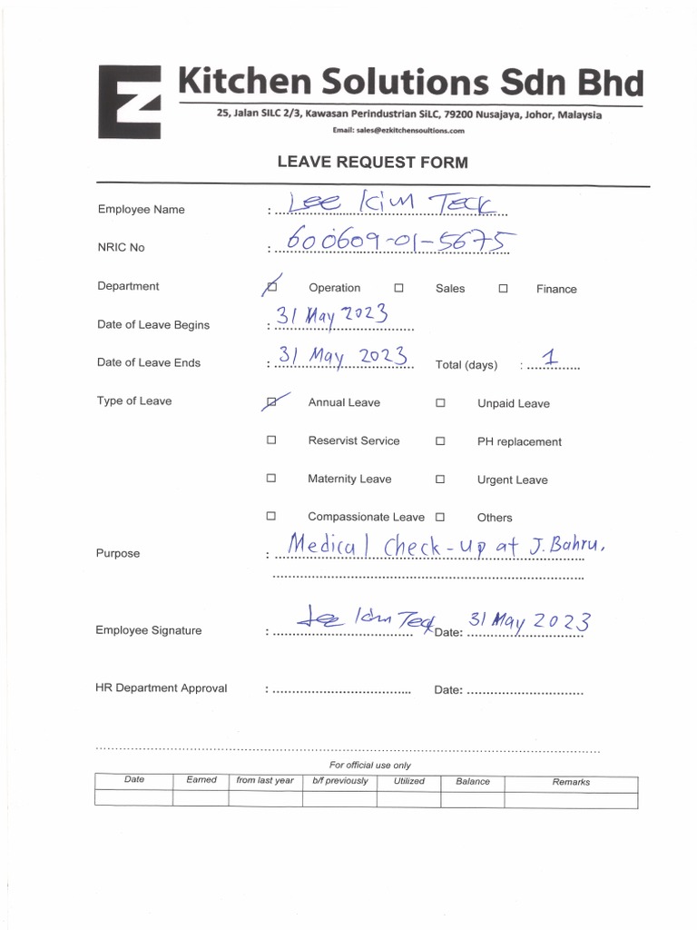 Leave Form Example | PDF