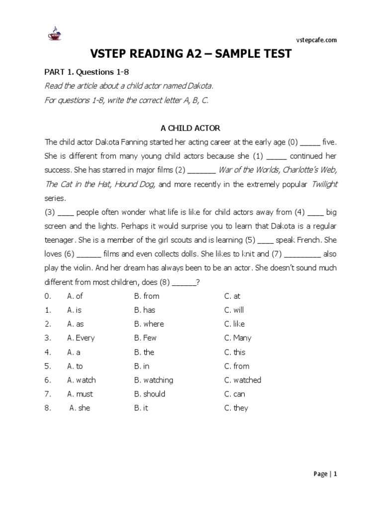Vstep Reading A2 - Sample Test | PDF | Restaurants | Waiting Staff
