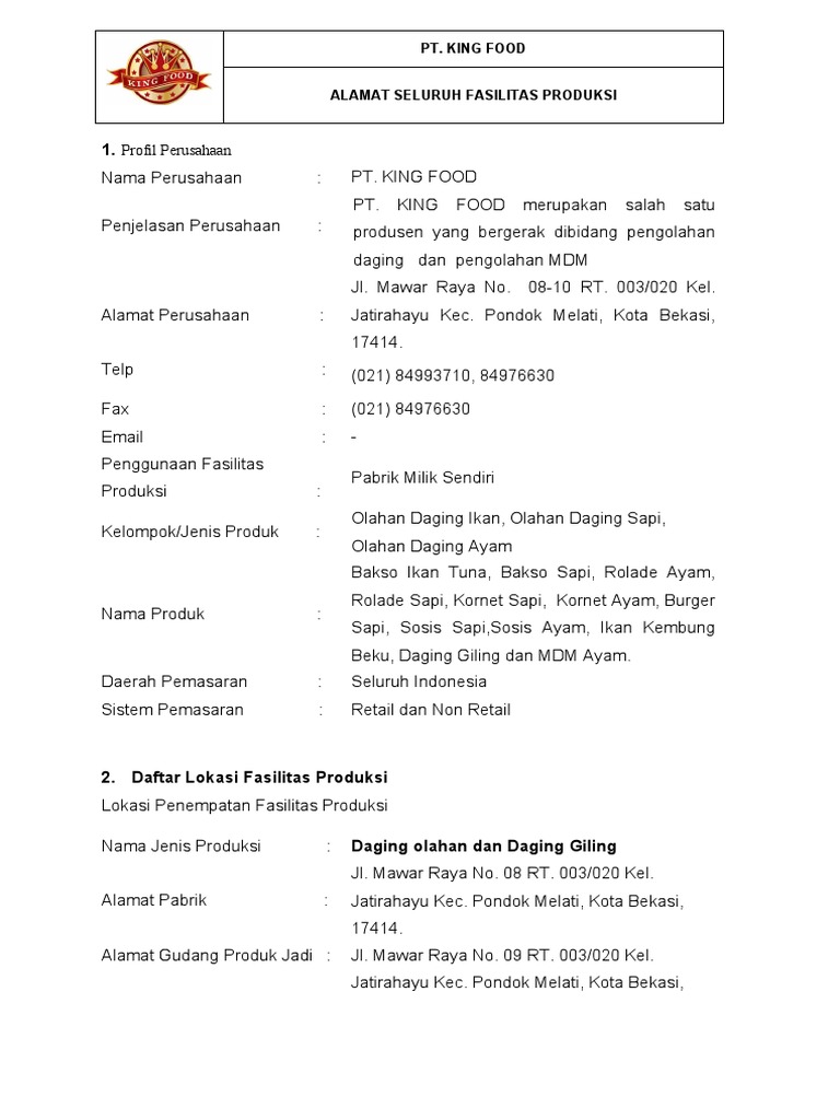 Alamat Fasilitas PT. King Food | PDF