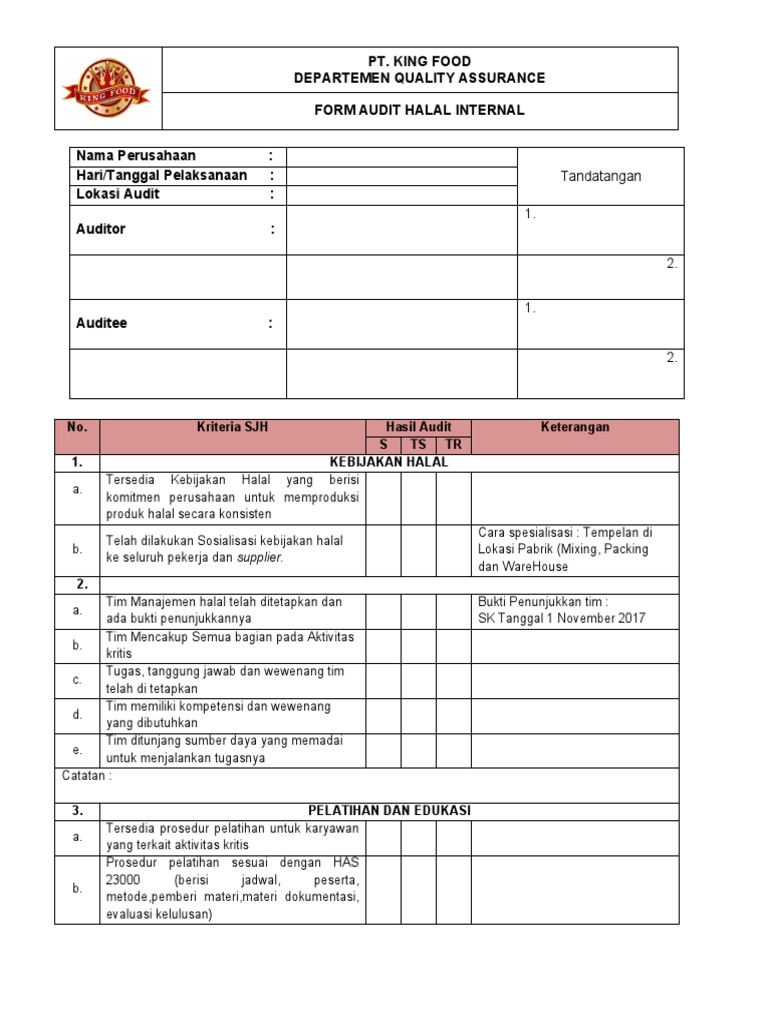 Form Borang Audit Halal Internal KF | PDF