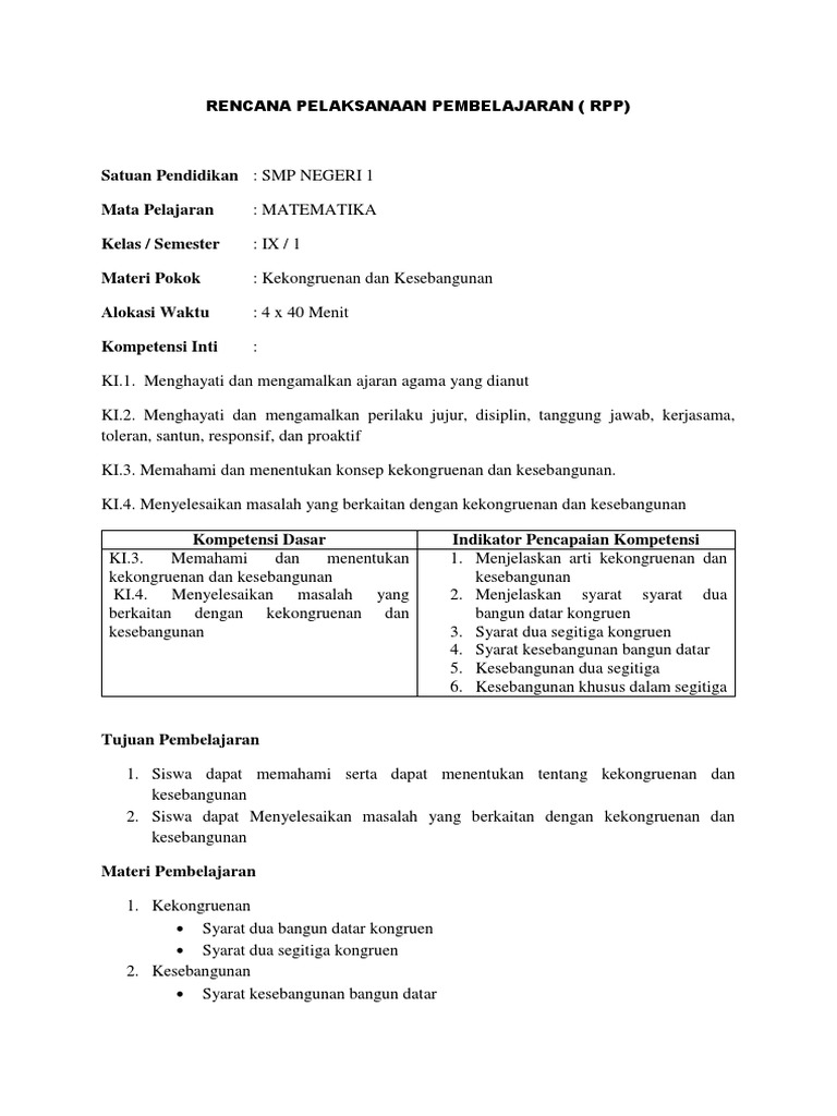 RPP Dan LKPD - Kekongruenan - Dan - Kesebangunan | PDF | Karier & Perkembangan | Seni