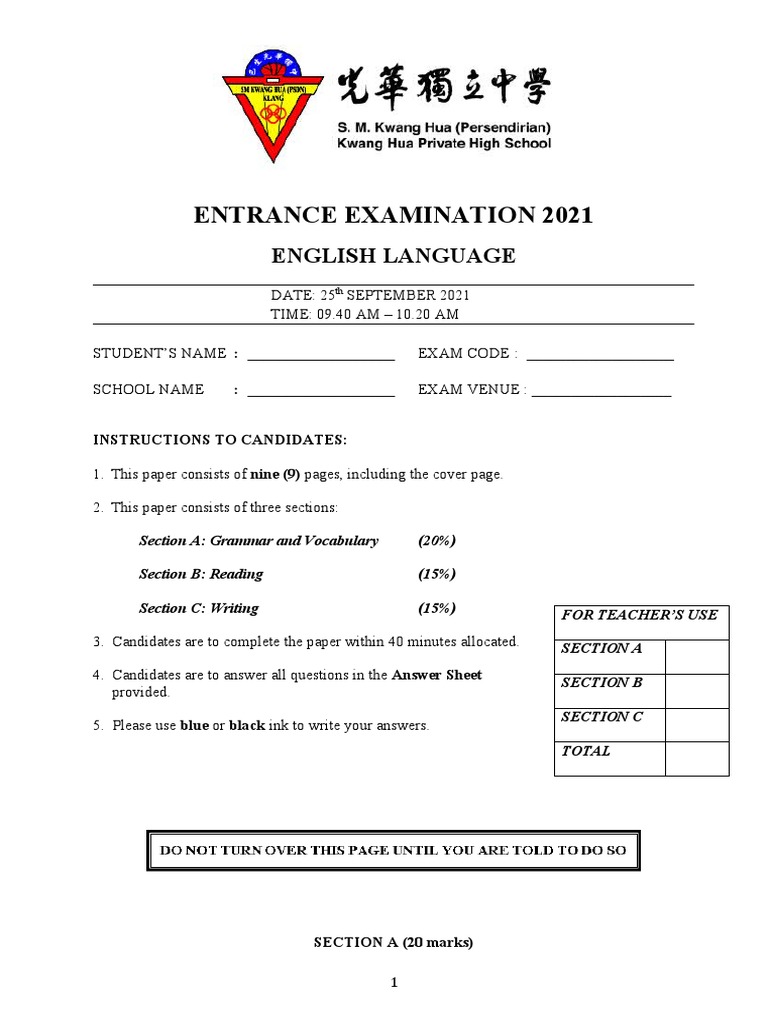 Entrance Exam 2021 | PDF