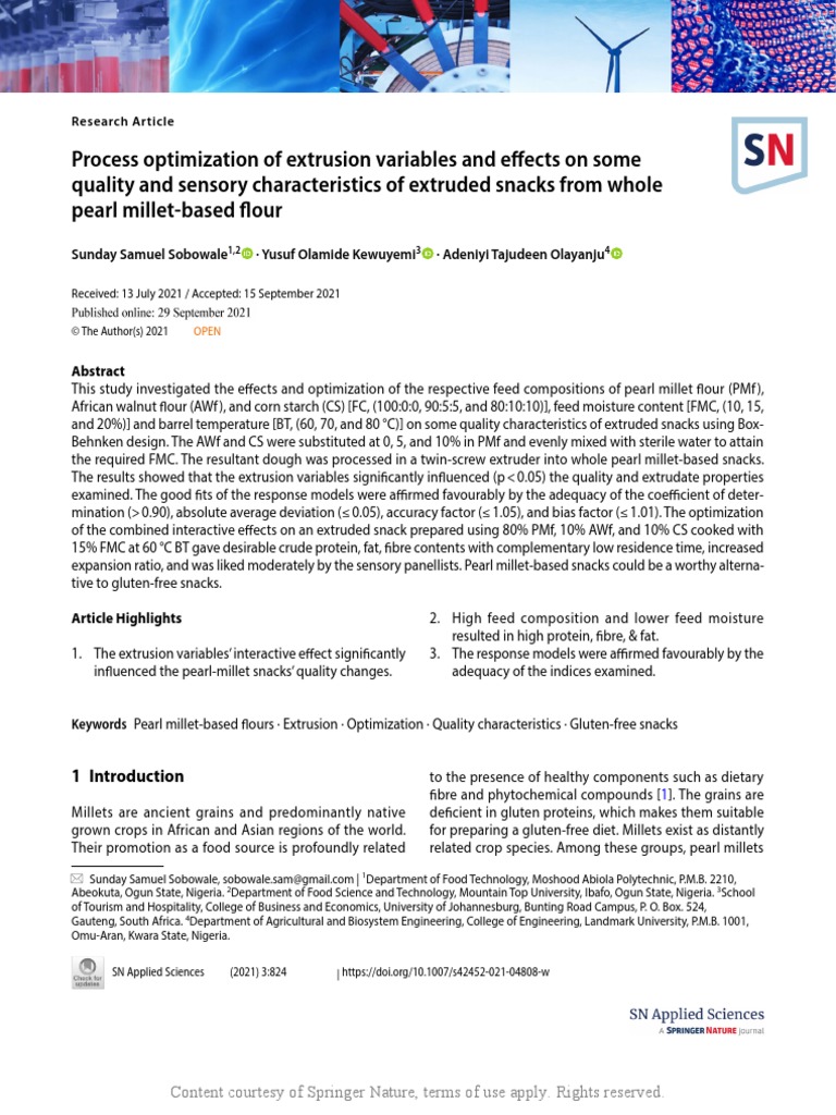 Optimizing Extrusion for Pearl Millet Snacks | PDF | Flour | Extrusion