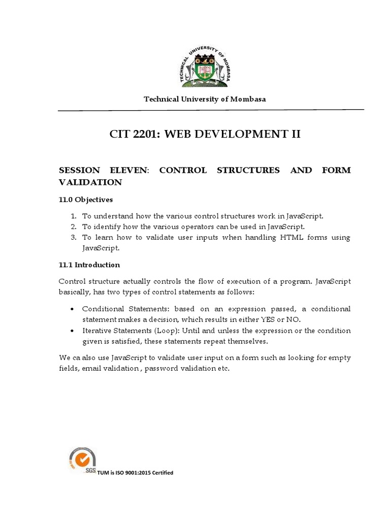 Session Eleven Javascript Control Structures And Form Validation Pdf Control Flow Java