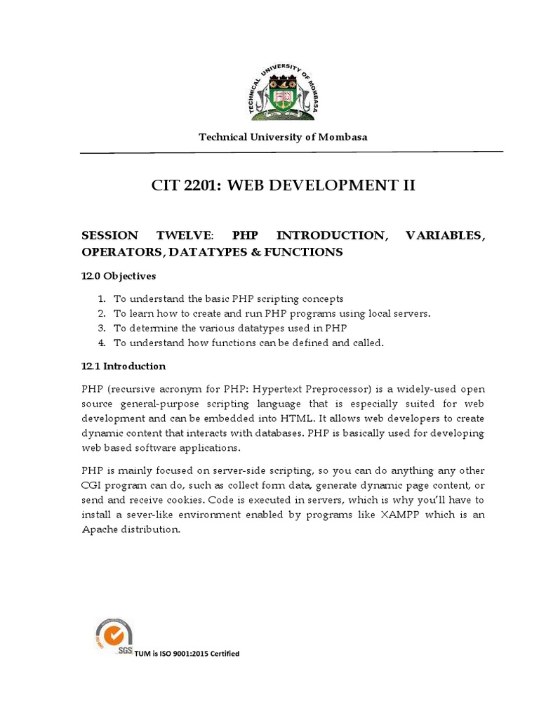 Session Twelve Php Introduction Variables Operators Datatypes Functions Pdf Php