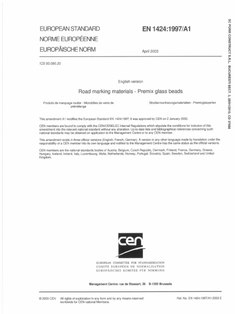 En 1424-1997-A1 - Road Marking Materials - Premix Glass Beads | PDF