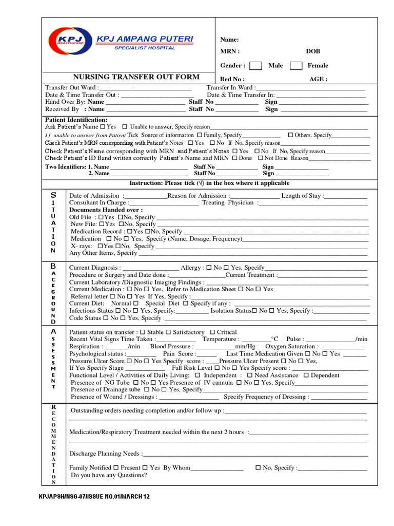 Nursing Transfer Out Form | PDF | Patient | Clinical Medicine